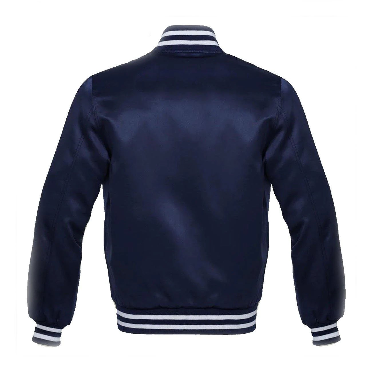 Navy Blue Satin Varsity Jacket with White Stripes - MotoCollection